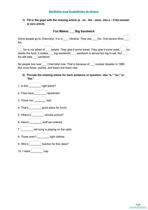 Definite and Indefinite Articles. Interactive worksheet | TopWorksheets