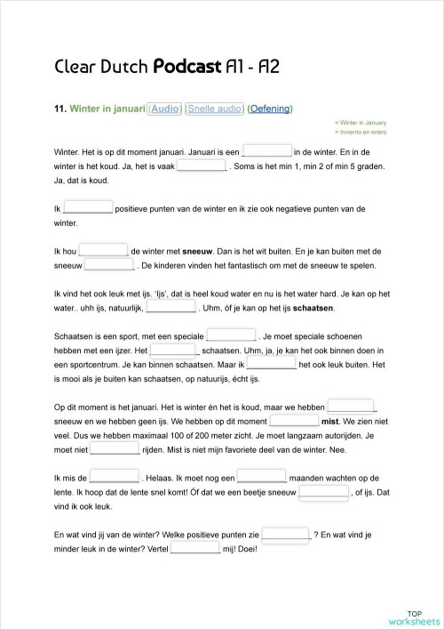 Clear Dutch Podcast A1/A2 - 11. Winter in januari (gatentekst ...