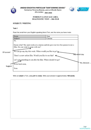 10° diagnostic writimg test. Interactive worksheet | TopWorksheets