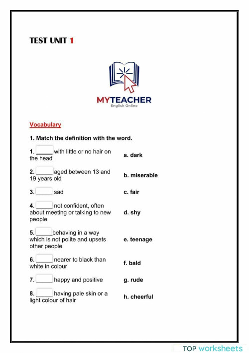 Test Unit 1 Teens B1 Interactive Worksheet Topworksheets