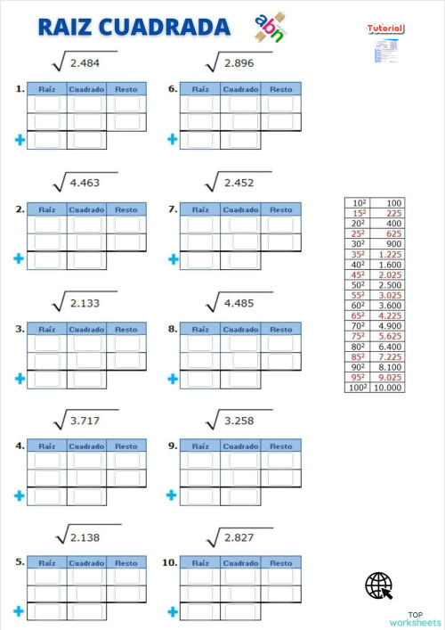 Raíz cuadrada ABN 01. Ficha interactiva | TopWorksheets