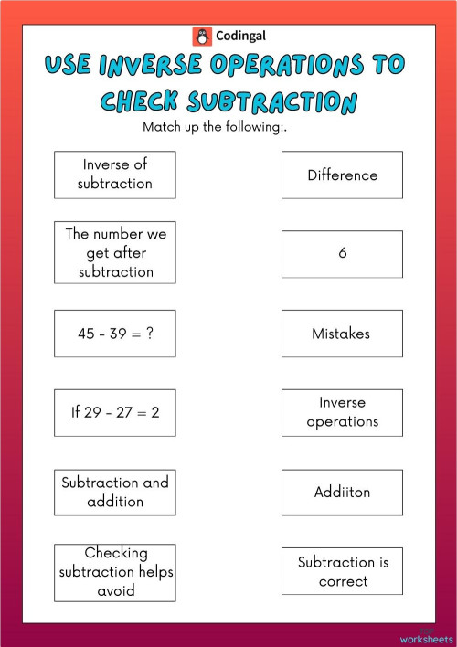 M_G03M13L28_WC02_Use_inverse_operations_to_check_subtraction_2. Interactive worksheet ...