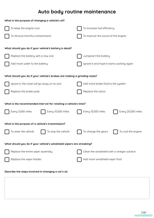 Auto body routine maintenance. Interactive worksheet | TopWorksheets