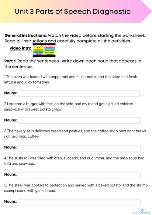 Unit 3 parts of speech review. Interactive worksheet | TopWorksheets