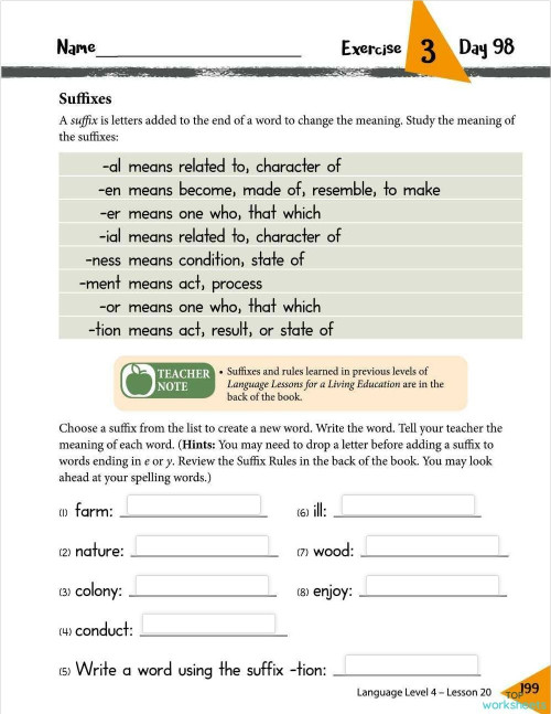 Lesson 20: Suffixes Pg 199 Ex 3. Interactive worksheet | TopWorksheets