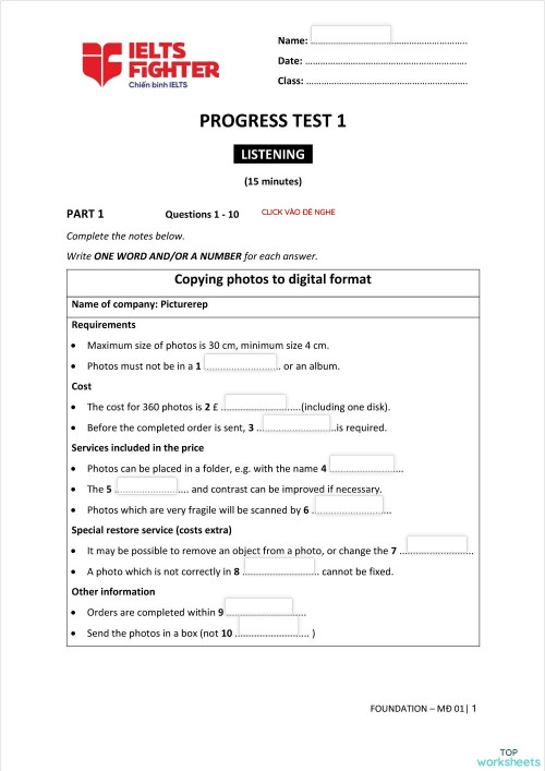PROGRESS TEST 1 -FOUNDATION (MD1). Interactive worksheet | TopWorksheets