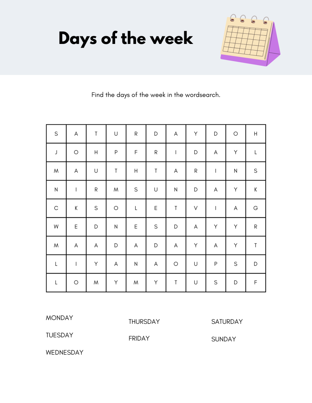 Days of the week Wordsearch. Interactive worksheet | TopWorksheets