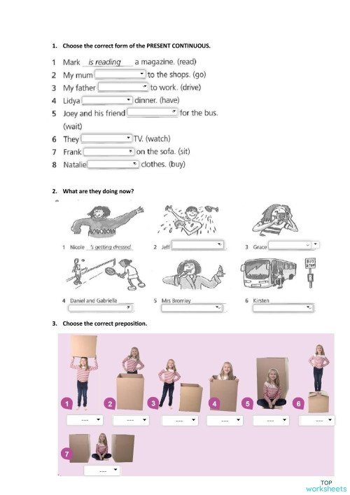 Present Continuous, Prepositions. Interactive worksheet | TopWorksheets
