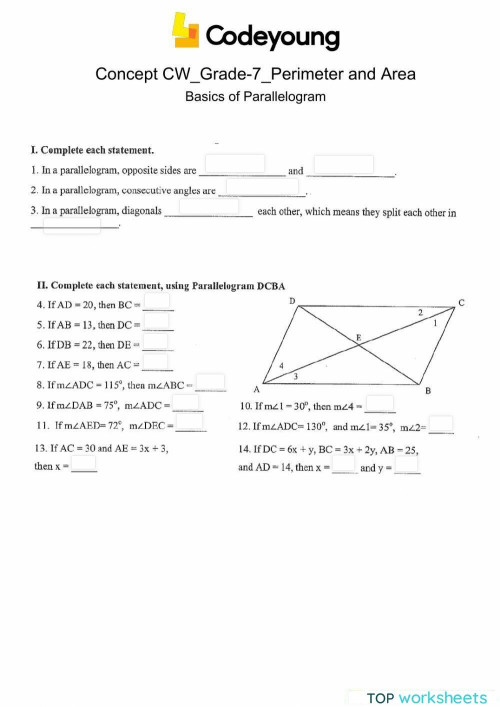 Basics of Parallelogram Concept CW. Interactive worksheet | TopWorksheets