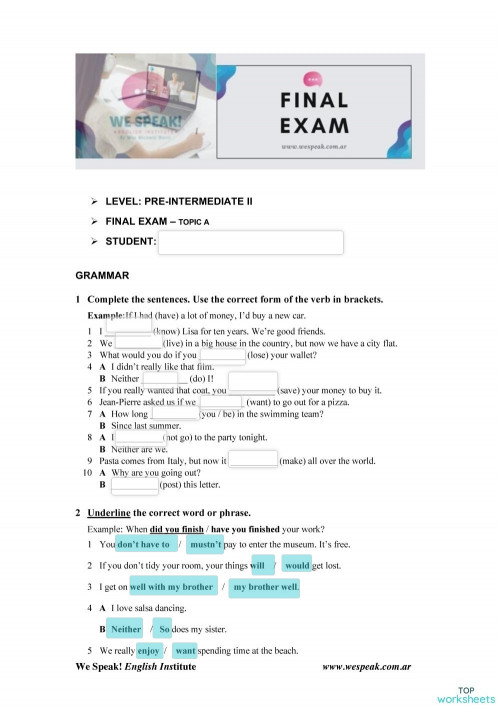 PRE INTERMEDIATE PLUS: final exam. Interactive worksheet | TopWorksheets