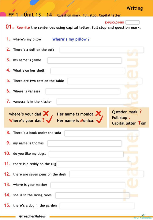 FF 1 - Unit 13 - 14 - Question mark, Full stop, Capital letter ...
