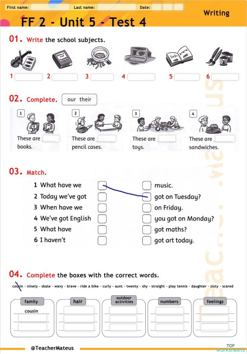 FF 2 - Unit 05 - Test 5 - Writing. Interactive worksheet | TopWorksheets