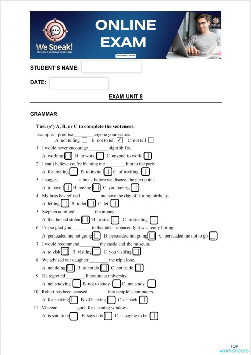 Quick exam unit 8 - upper intermediate ef. Interactive worksheet | TopWorksheets