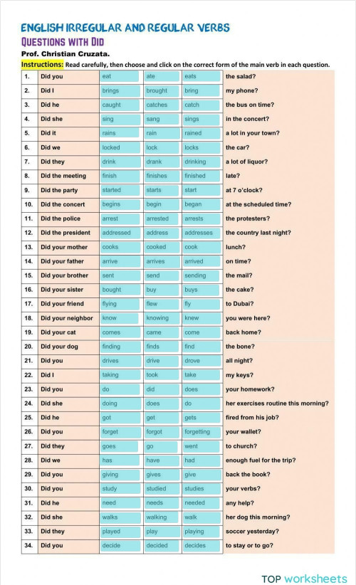 Irregular-Regular Verbs Questions with Did. Interactive worksheet ...