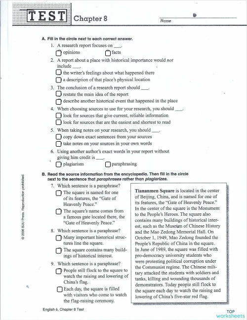 English Chapter 8 Test. Interactive worksheet | TopWorksheets