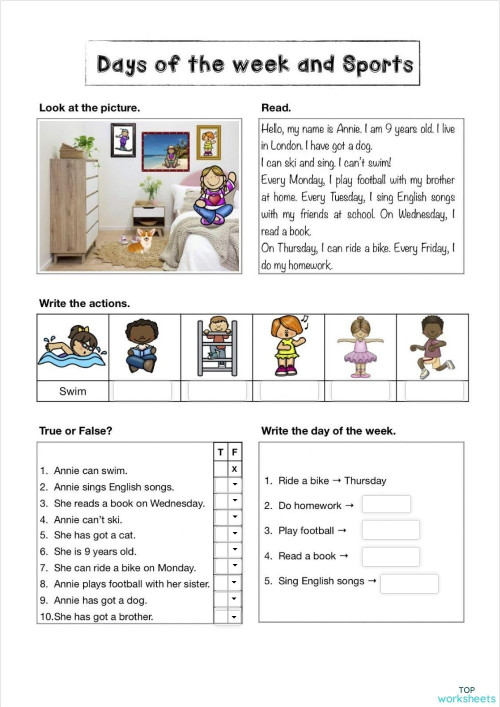 Days of the week and Sports. Interactive worksheet | TopWorksheets