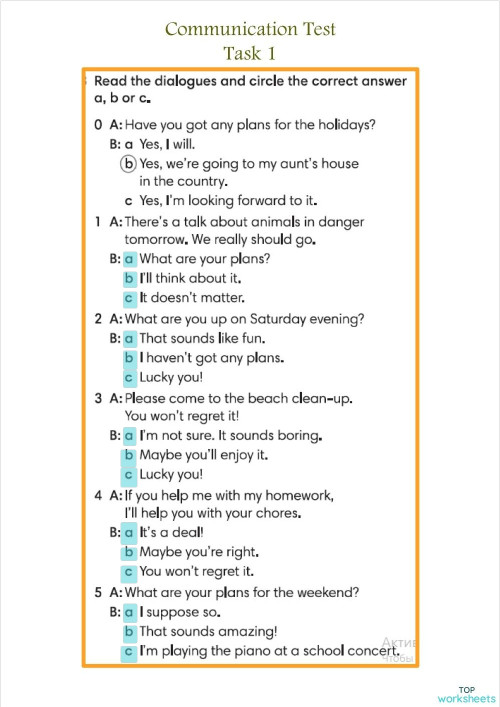 Communication Test. Interactive worksheet | TopWorksheets