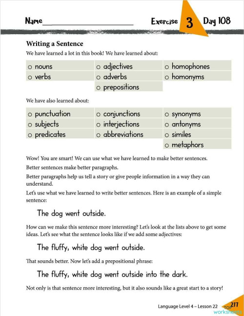 Lesson 22: Pg 217-219 Writing Sentences Ex 3. Interactive worksheet ...