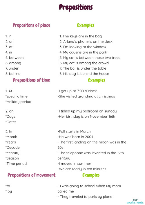 Prepositions and wh question words. Ficha interactiva | TopWorksheets