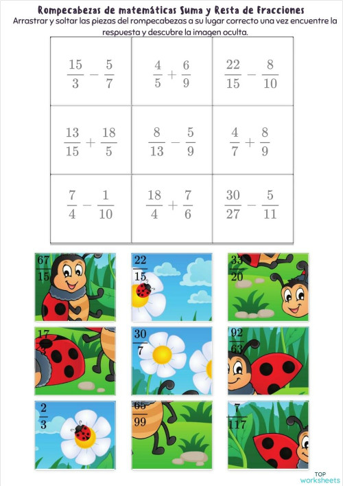 ROMPECABEZAS SUMA Y RESTA DE FRACCIONES. Ficha interactiva | TopWorksheets