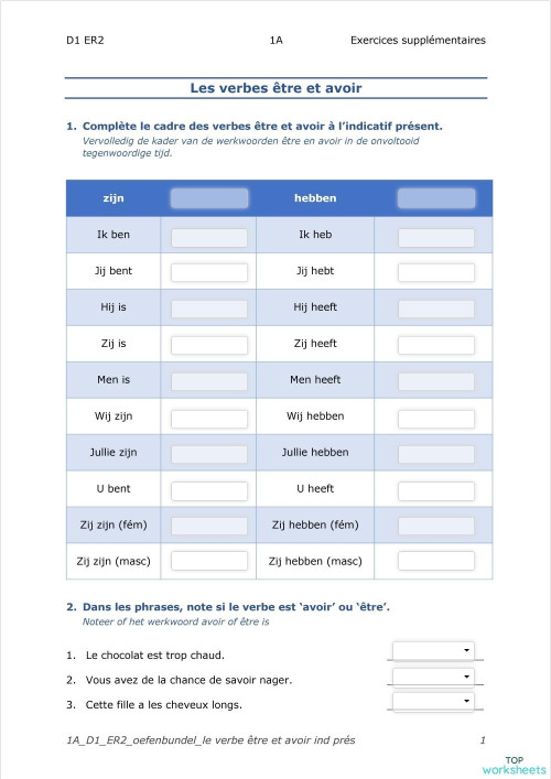 1A_D1_ER2_le verbe être et avoir. Fiche interactive | TopWorksheets