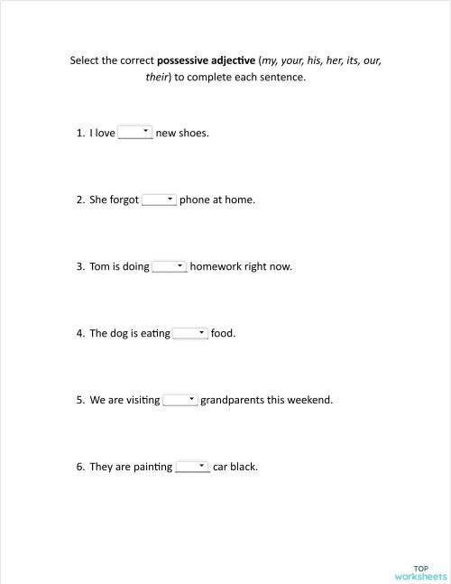 Possessive adjectives. Interactive worksheet | TopWorksheets