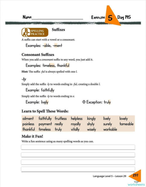 Lesson 29: Pg 297-298 Spelling Practice Ex 5. Interactive worksheet ...
