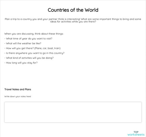Countries of the World - Trip Planner. Interactive worksheet ...