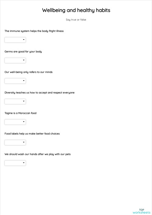 Wellbeing and healthy habits. Interactive worksheet | TopWorksheets