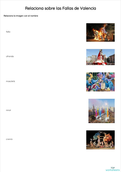 Relaciona sobre las Fallas de Valencia. Ficha interactiva | TopWorksheets
