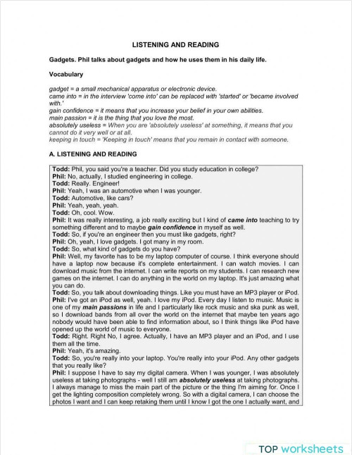 Reading and Listening. Interactive worksheet | TopWorksheets