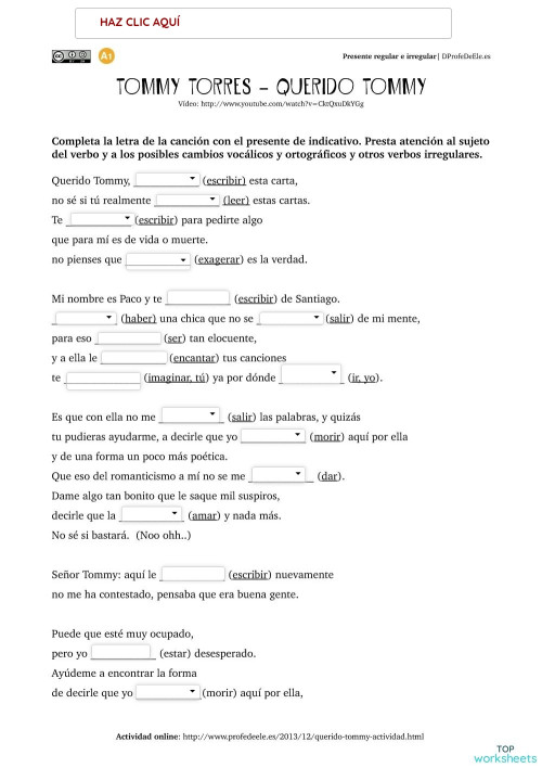 Querido Tommy. Ficha interactiva | TopWorksheets