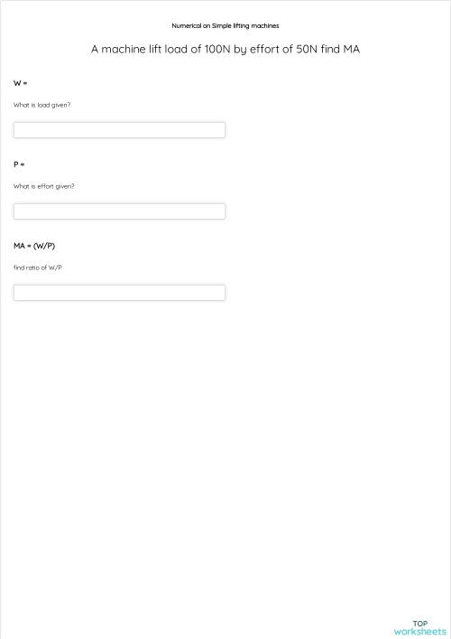 Numerical on Simple lifting machines. Interactive worksheet | TopWorksheets