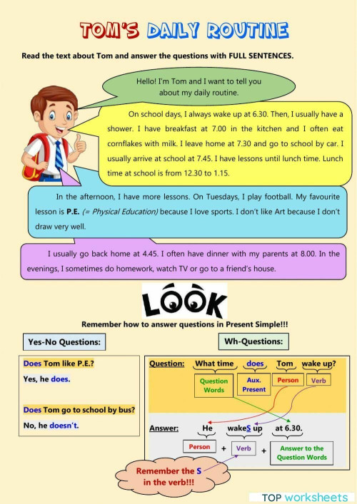 Tom's Daily Routine. Interactive worksheet | TopWorksheets