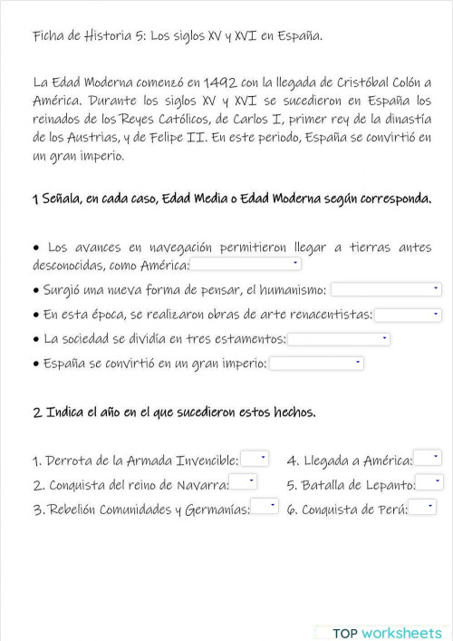 Ficha de Historia 5: Los siglos XV y XVI en España.. Ficha interactiva ...