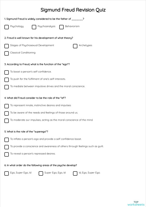 Sigmund Freud Revision Quiz. Interactive worksheet | TopWorksheets