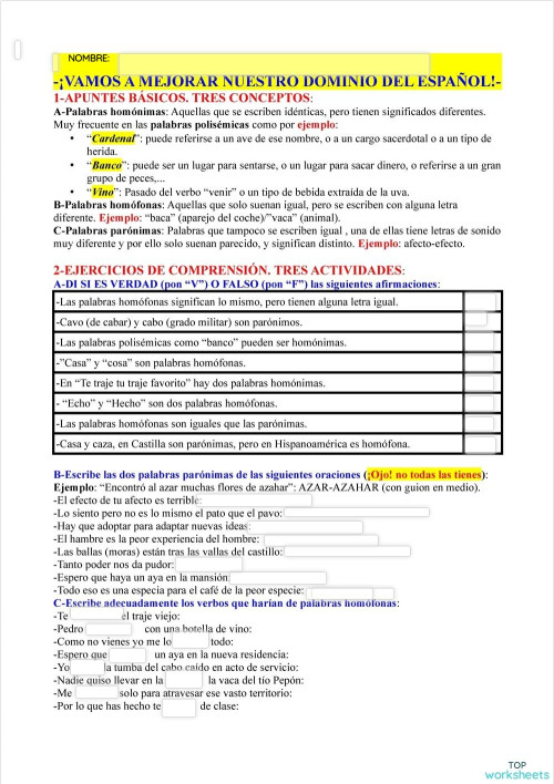 PARÓNIMOS, HOMÓFONOS Y HOMÓNIMOS. Ficha interactiva | TopWorksheets