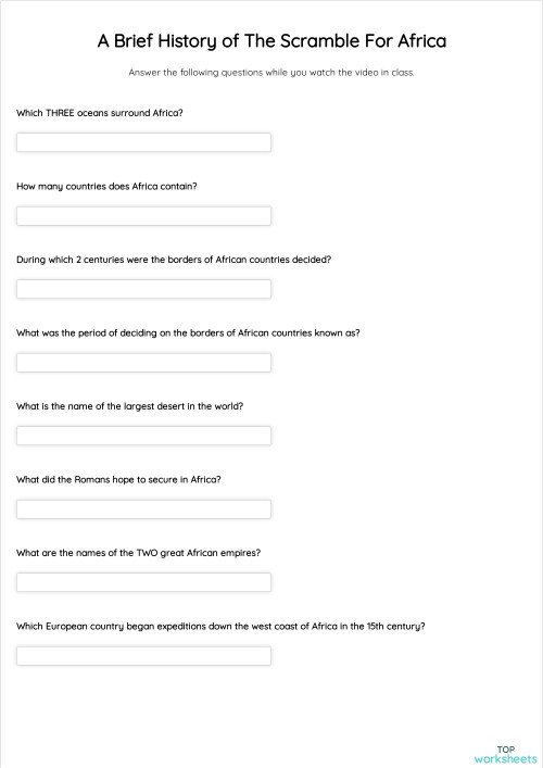 A Brief History of The Scramble For Africa. Interactive worksheet ...