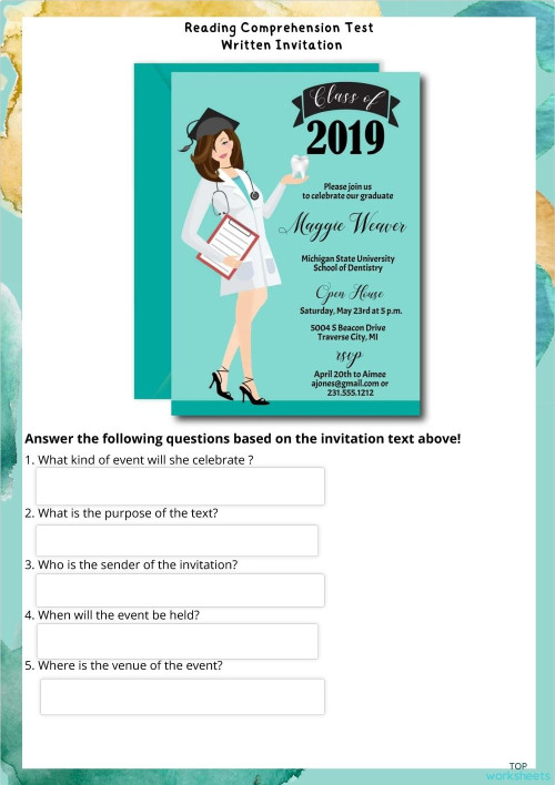 Reading Comprehension Written Invitation 1 Interactive Worksheet Topworksheets