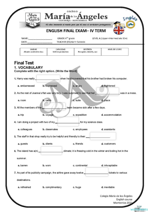 final exam 4th year. Interactive worksheet | TopWorksheets