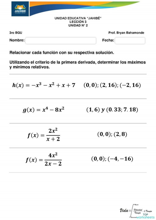 Criterio de la primera derivada. Ficha interactiva | TopWorksheets