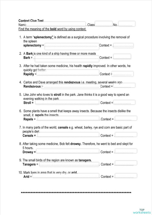 Context clue Test Fill in. Interactive worksheet | TopWorksheets