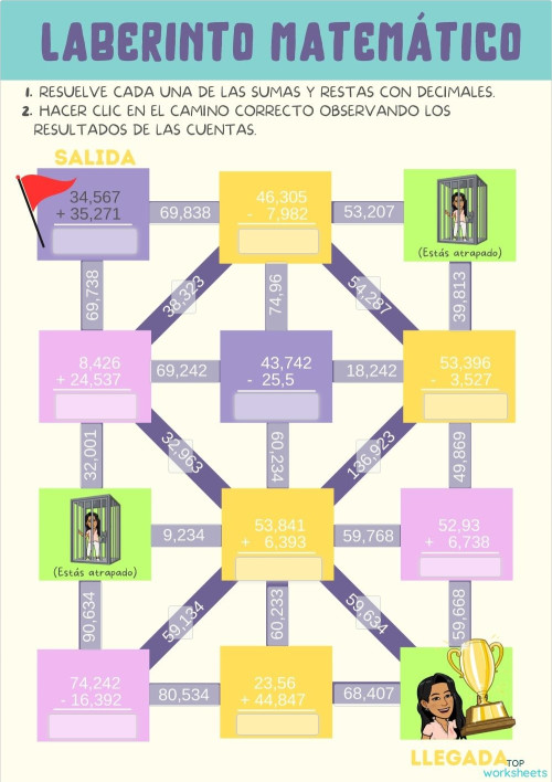 Sumas y restas de decimales. Ficha interactiva | TopWorksheets