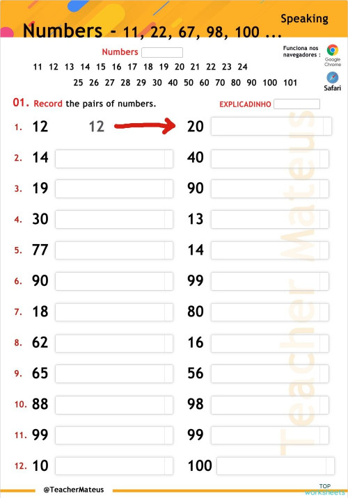 028 - NUMBERS - 05 - 11 to 100 - Speaking. Interactive worksheet ...