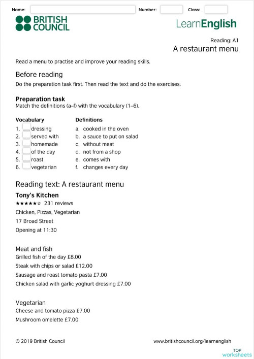 A restaurant menu. Interactive worksheet | TopWorksheets
