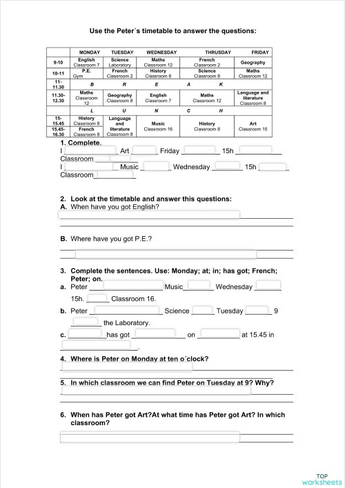 Peter timetable: read and answer.. Interactive worksheet | TopWorksheets