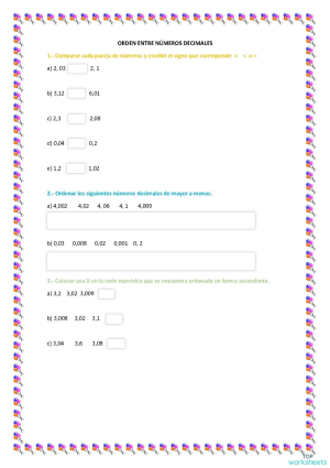 Orden entre números decimales . Ficha interactiva | TopWorksheets
