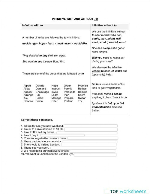 Infinitive Without To. Interactive worksheet | TopWorksheets