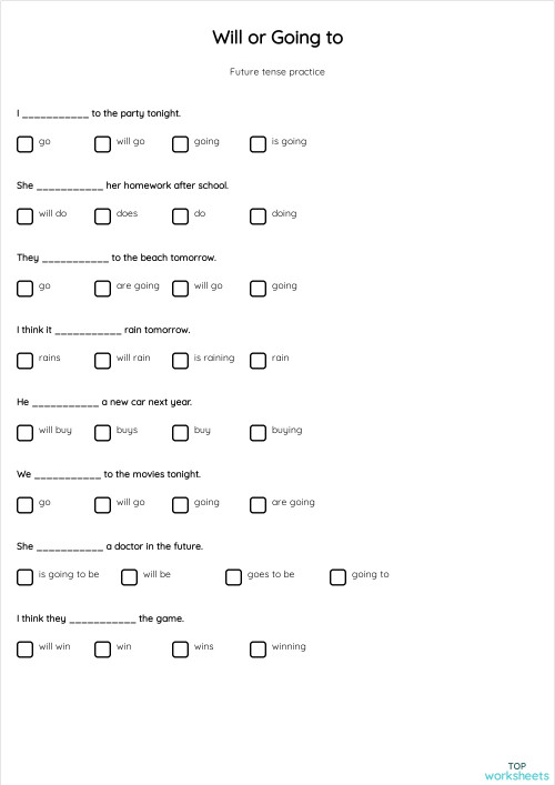 Will or Going to. Interactive worksheet | TopWorksheets