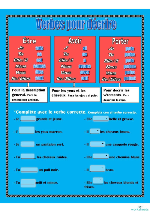 Verbes Pour Décrire. Fiche interactive | TopWorksheets